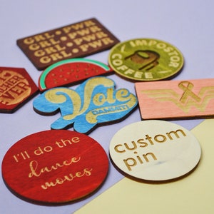 Custom Wood Pin Bulk Ordering Available Laser Engraved Pin - Etsy