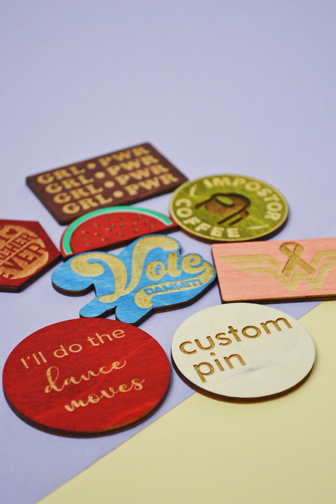 Custom Wood Pin Bulk Ordering Available Laser Engraved Pin - Etsy