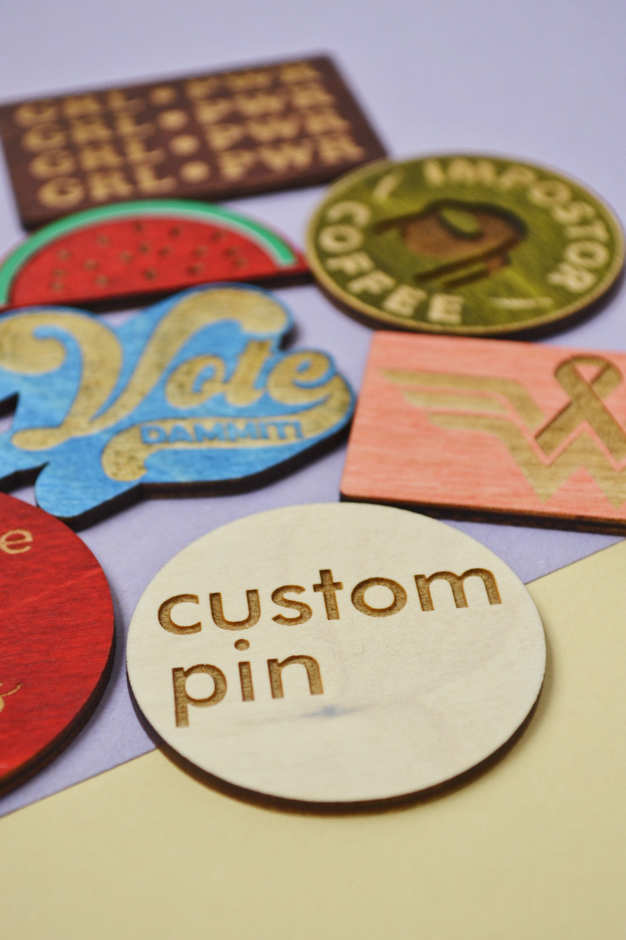 Custom Wood Pin Bulk Ordering Available Laser Engraved Pin - Etsy
