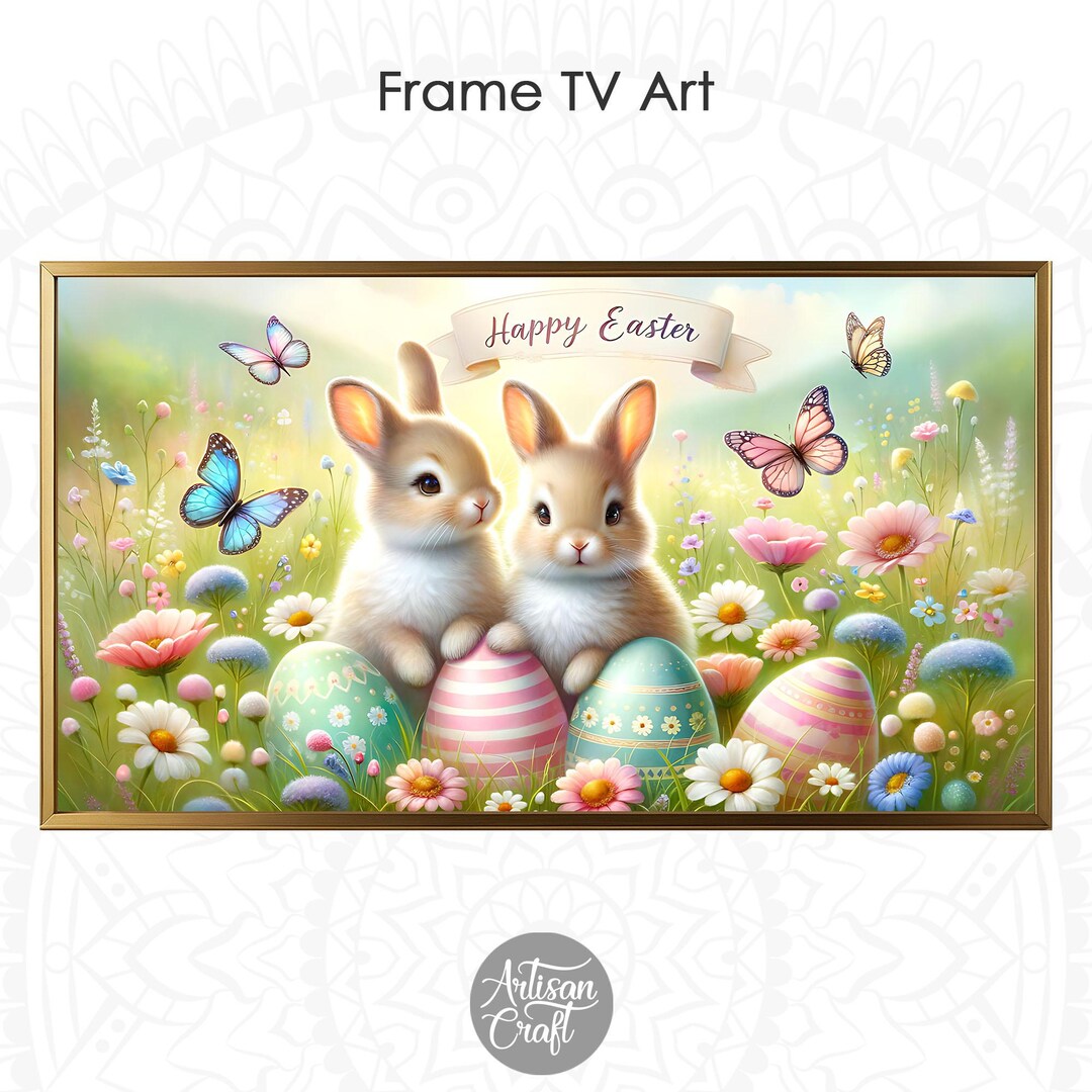 Easter Frame TV Art, Happy Easter Banner, Two Cute Easter Bunnies With ...