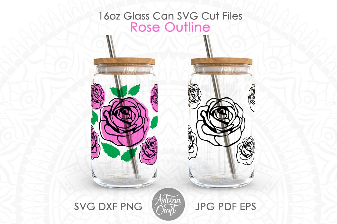 Rose Can Glass SVG, Rose Outline Svg, 16oz Can Glass Wraps SVG, Flower ...