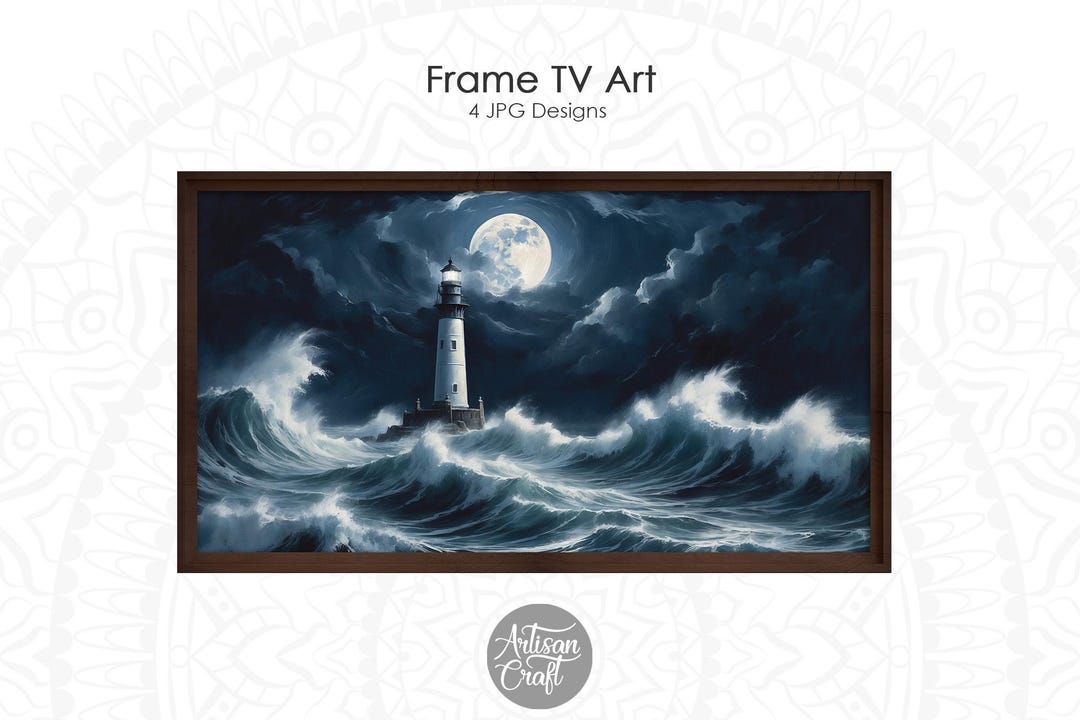 Lighthouse Frame TV Art, Lighthouse in Storm, Seaside Town Frame Tv Art ...