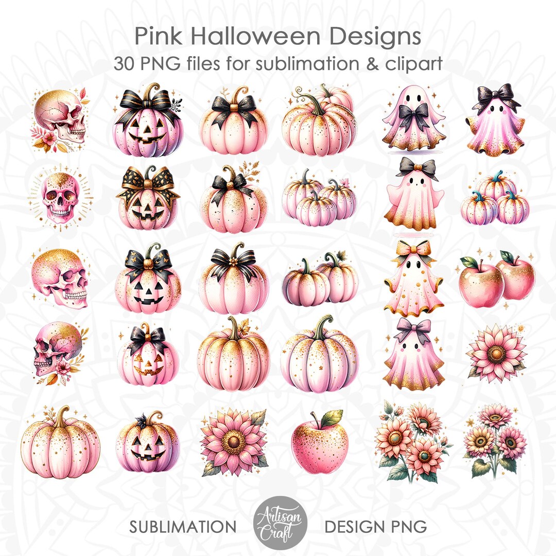 Pink Halloween Watercolor Clipart, Gold Glitter, Halloween Coquette Bow ...