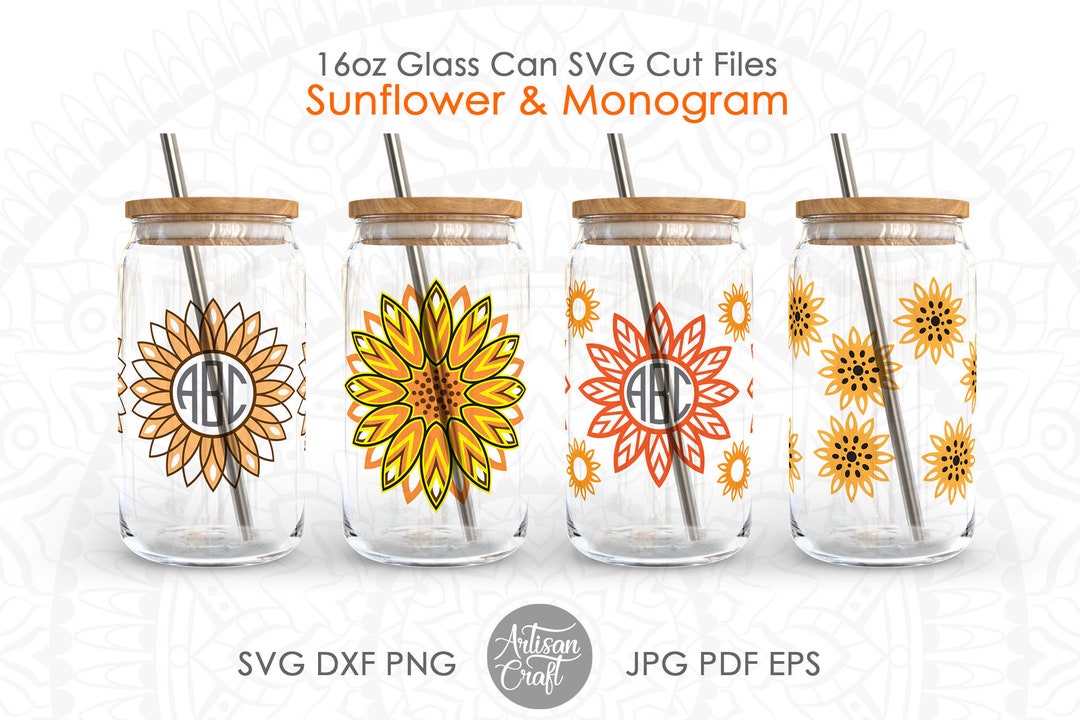 Sunflower Can Glass SVG, Sunflower Wrap SVG, 16oz Glass Can Svg ...
