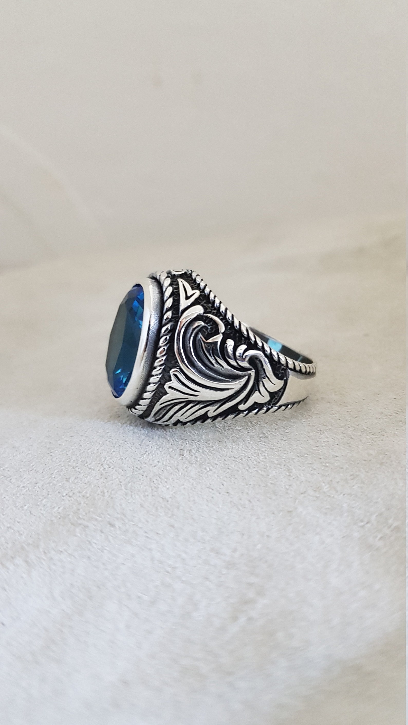 925 Sterling Silver Mens Ring Blue Stone Ring Aquamarine - Etsy