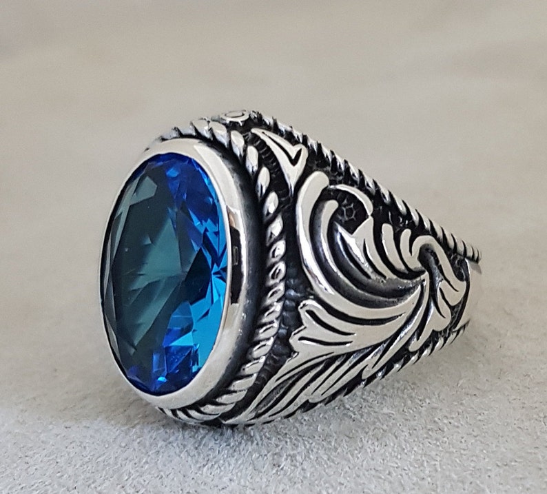 925 Sterling Silver Mens Ring Blue Stone Ring Aquamarine - Etsy