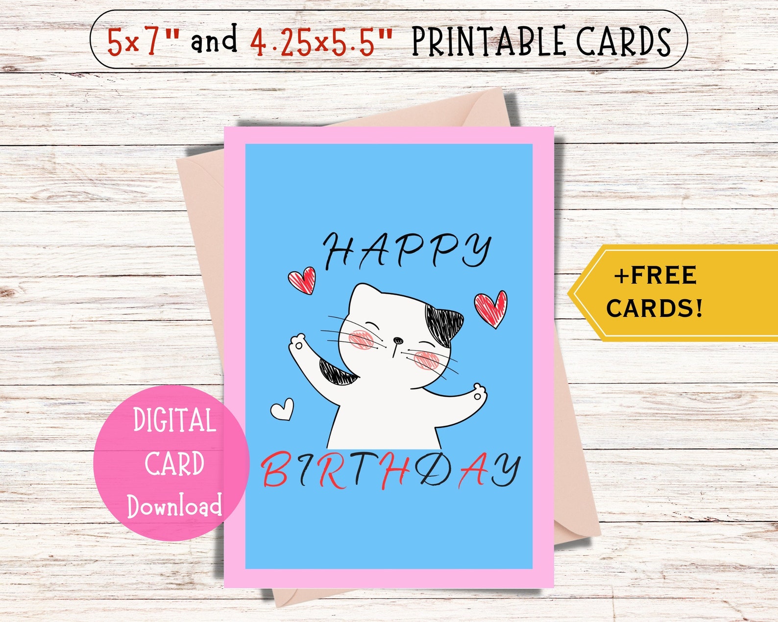 Birthday Printable Card / Happy Birthday Cat Card Printable / Hearts ...