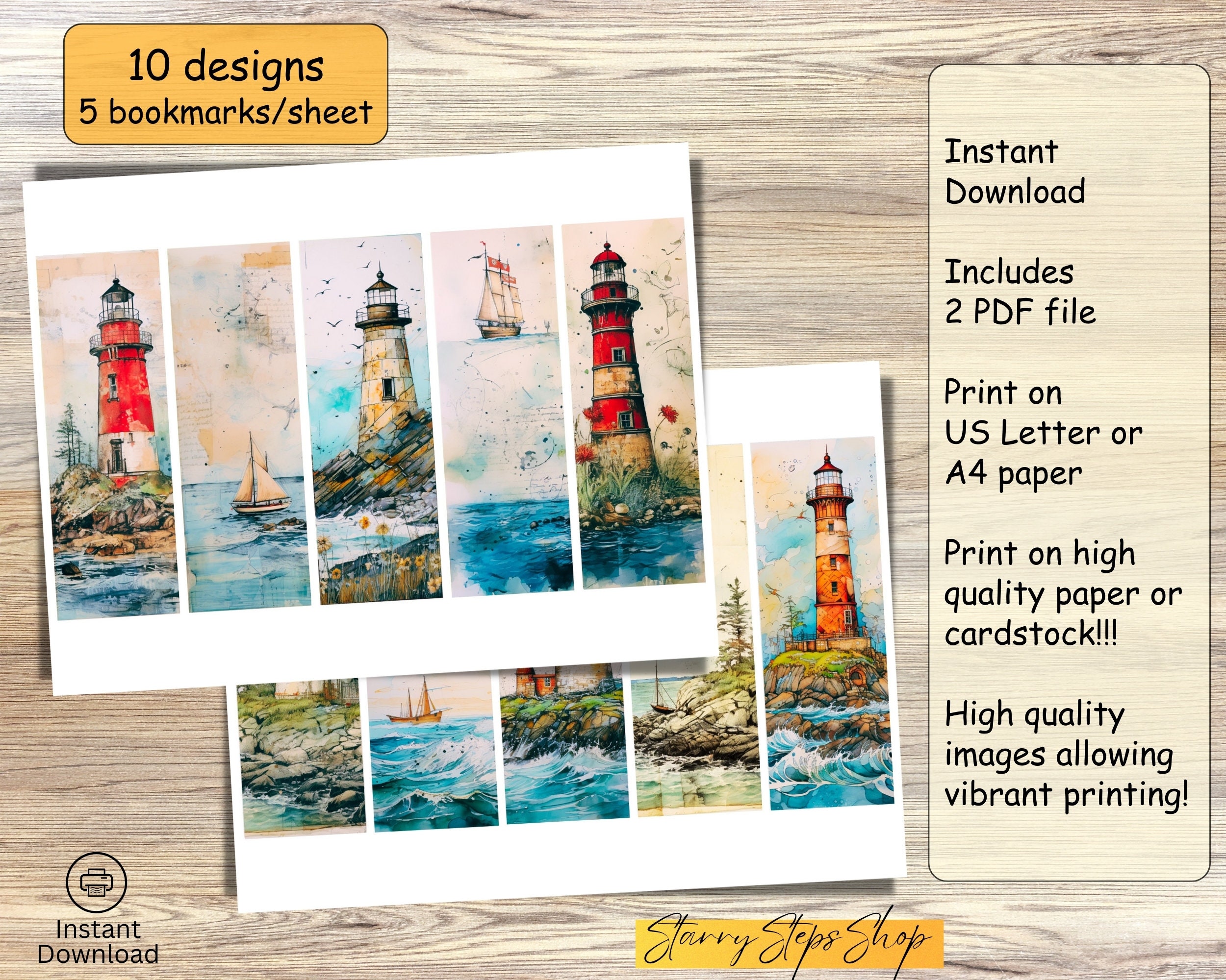 Lighthouse Bookmarks: Coastal Watercolor Scenes (printable Set) - Etsy