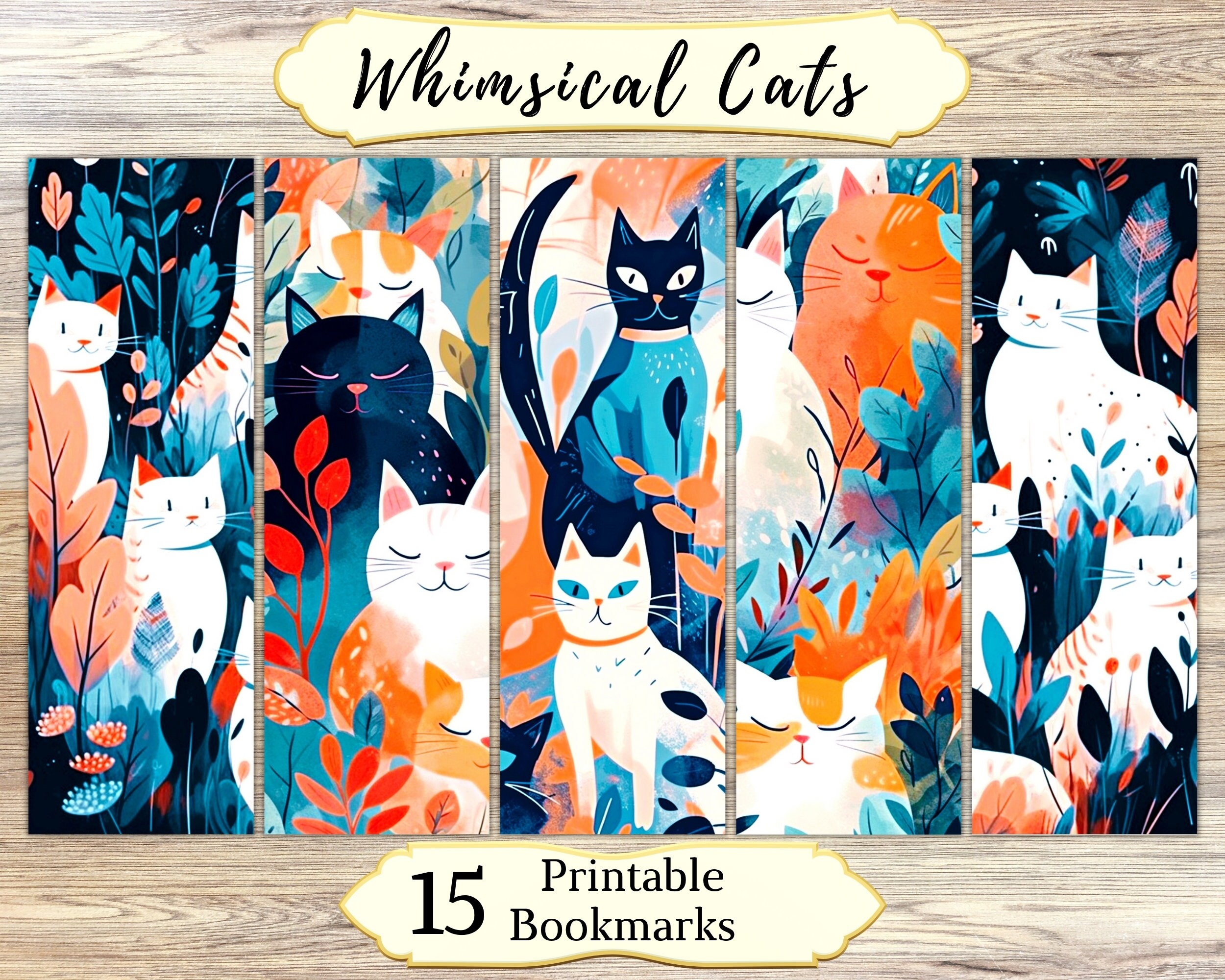 Whimsical Cats Printable Bookmarks, Cats Bookmark Set, Cats Printable ...