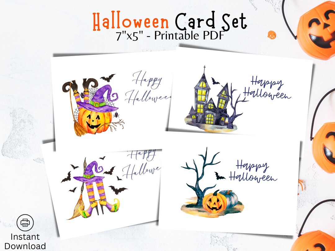Printable Halloween Card Set: Haunted Castle, Pumpkins (digital ...