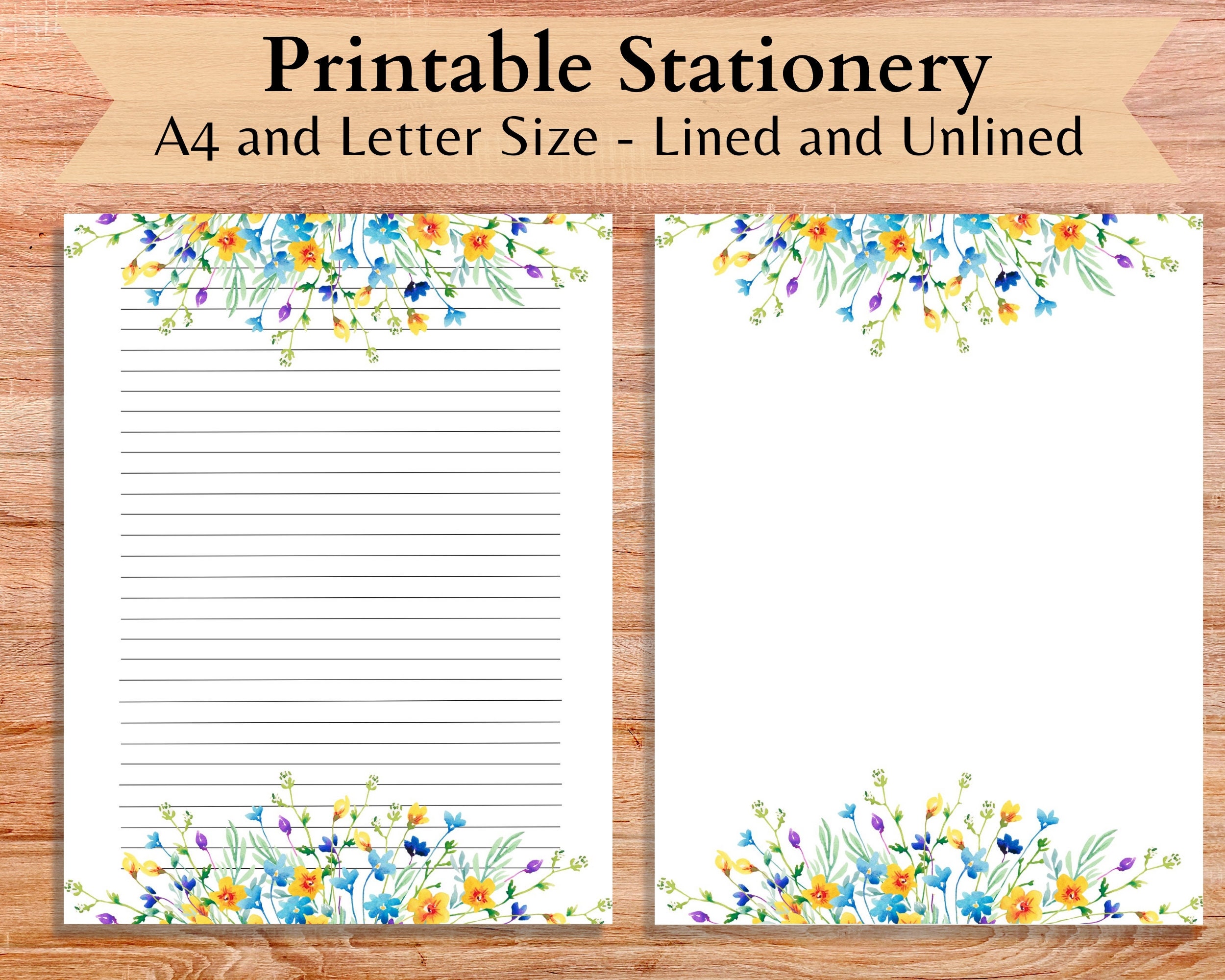 Floral Lined Paper, Floral Unlined Paper, Printable Stationery Field ...