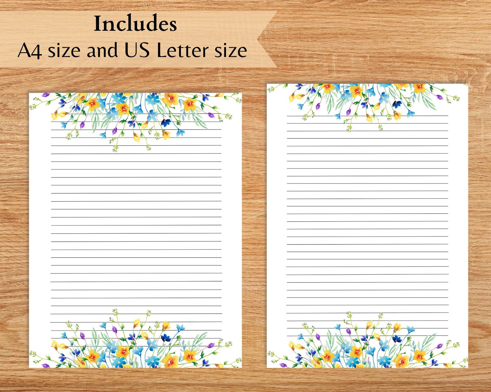 Floral Lined Paper, Floral Unlined Paper, Printable Stationery Field ...