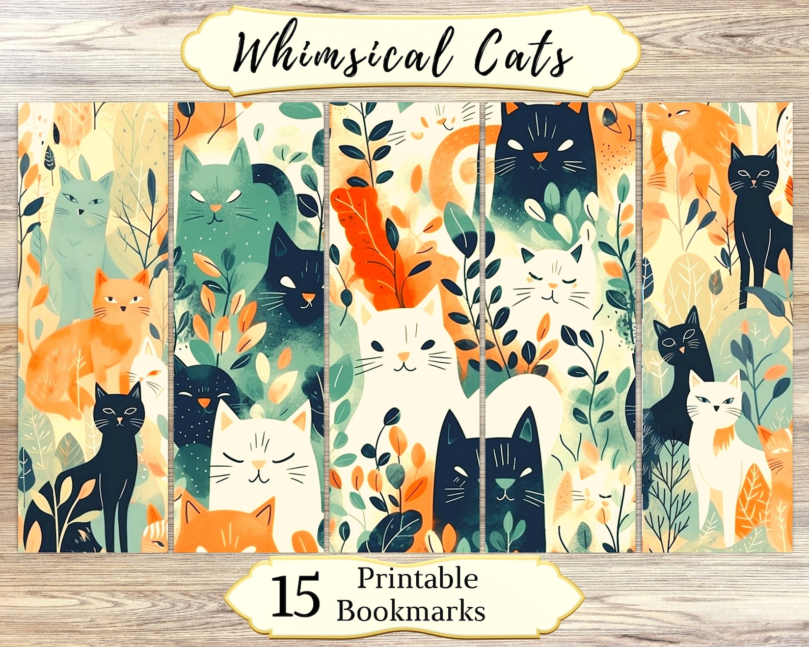 Whimsical Cats Printable Bookmarks, Cats Bookmark Set, Cats Printable ...