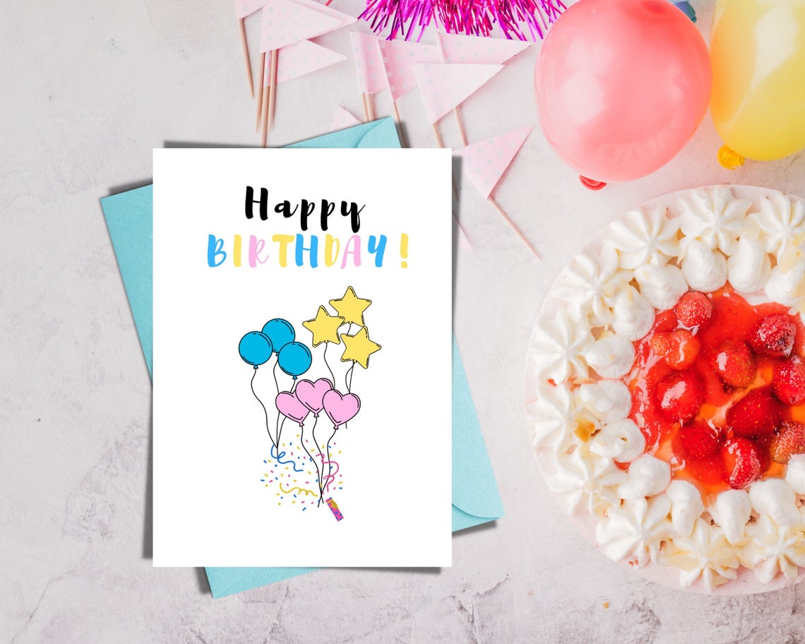 Birthday Card, Printable Balloon Card, Digital Download, 5x7 Happy ...