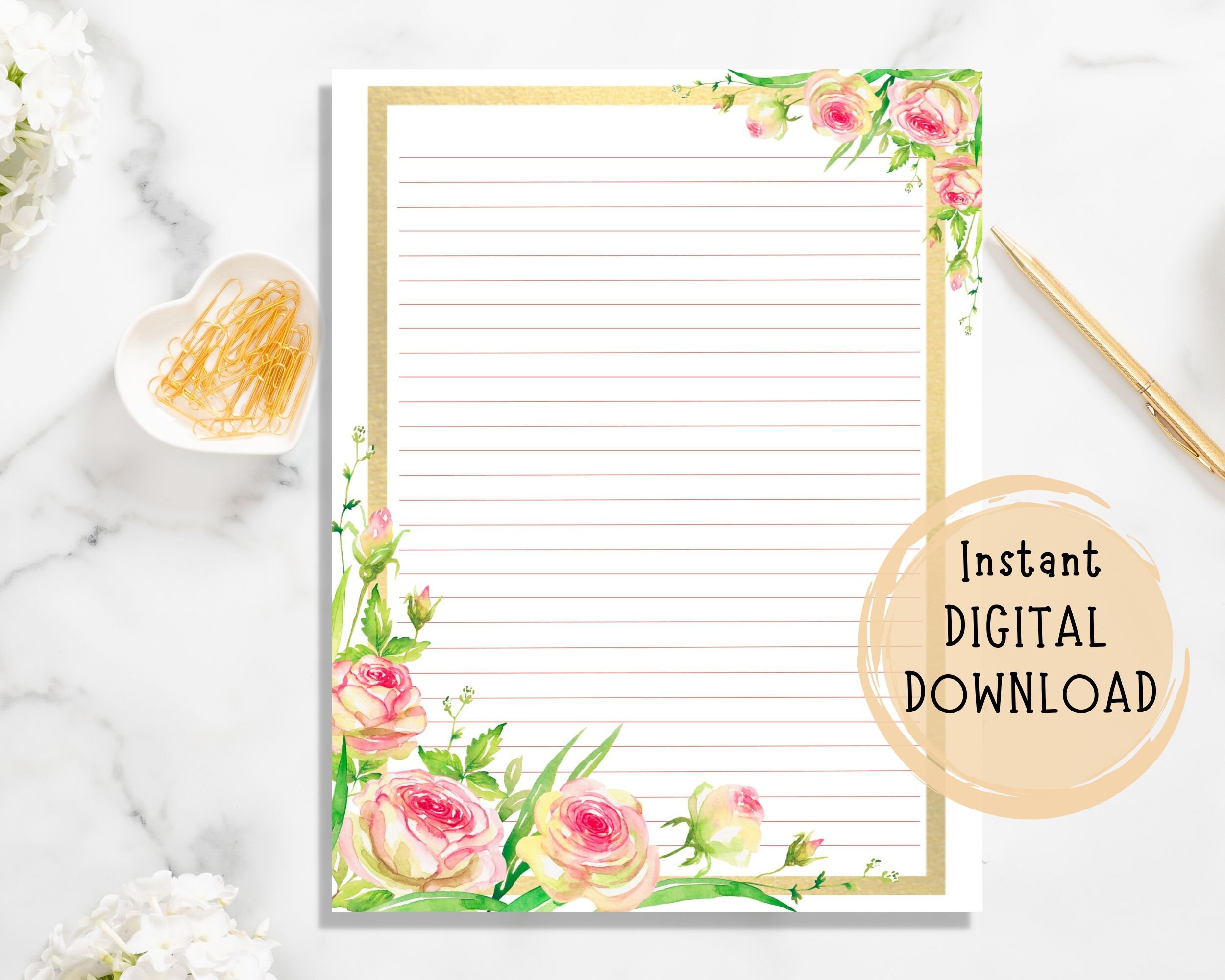 Floral Stationery: Printable Rose Letter Paper (digital Download) - Etsy