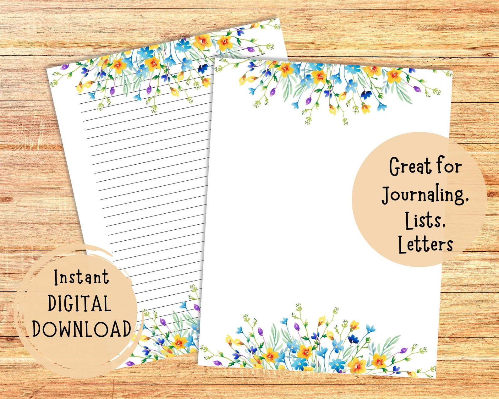 Floral Lined Paper, Floral Unlined Paper, Printable Stationery Field ...