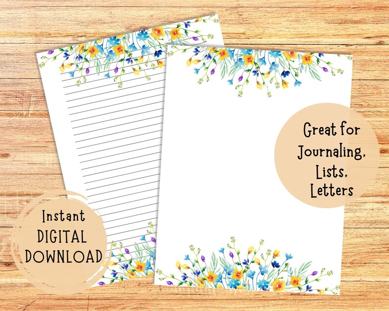 Floral Lined Paper, Floral Unlined Paper, Printable Stationery Field ...