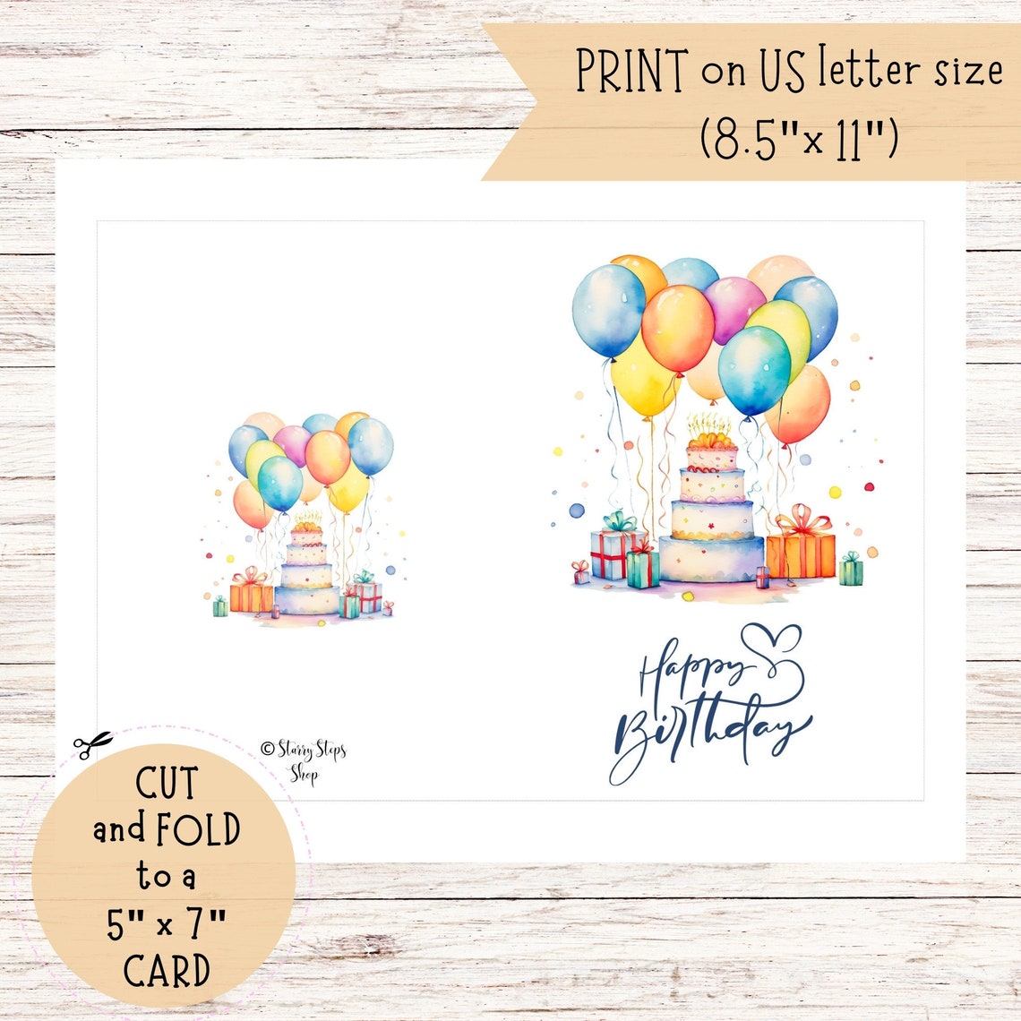 Printable Birthday Card: Cake & Balloons (digital Download) - Etsy