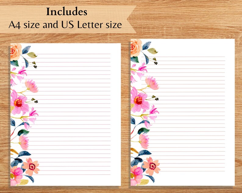 Floral Lined Paper, Floral Blank Paper, Printable Pink Flowers ...