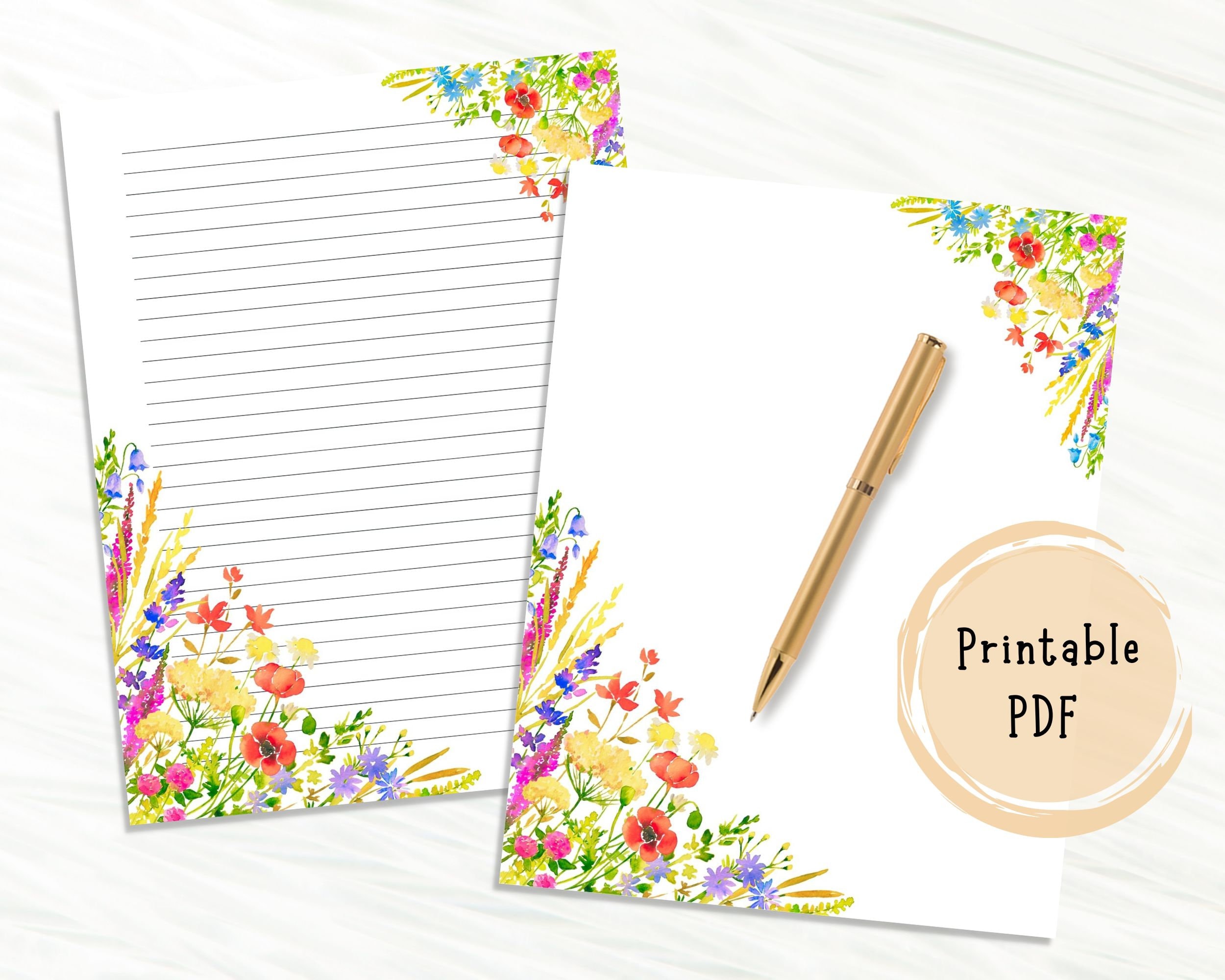 Floral Lined Paper, Floral Blank Paper, Printable Field Flowers ...