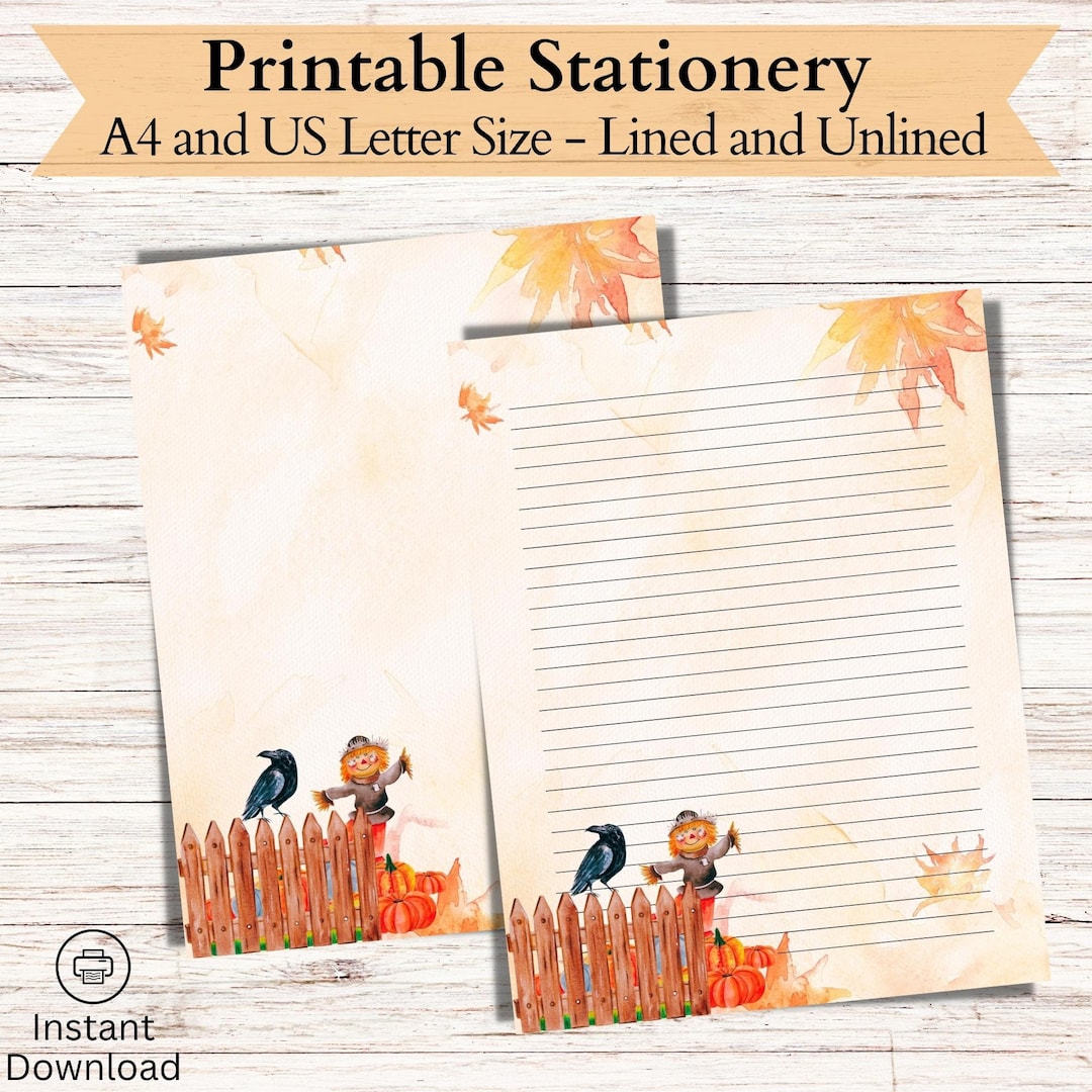 Autumn Printable Stationery, Pumpkin Scarecrow Stationery, Digital ...