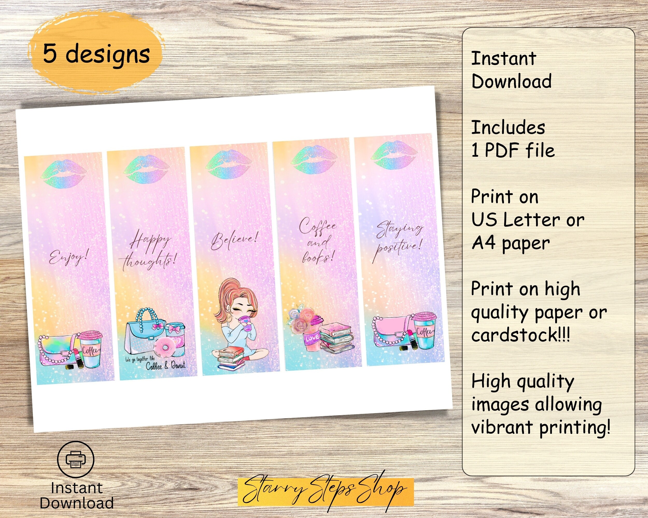 Glitter Girl Printable Bookmarks, Bookmark Set, Coffee Girl With Books ...