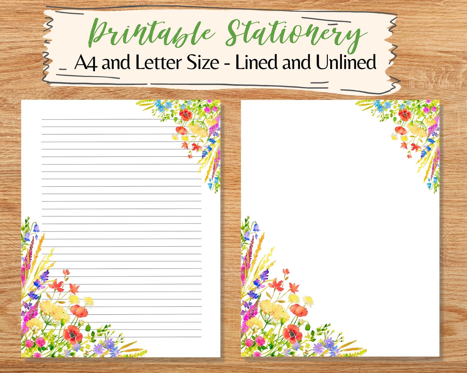 Floral Lined Paper, Floral Blank Paper, Printable Field Flowers ...
