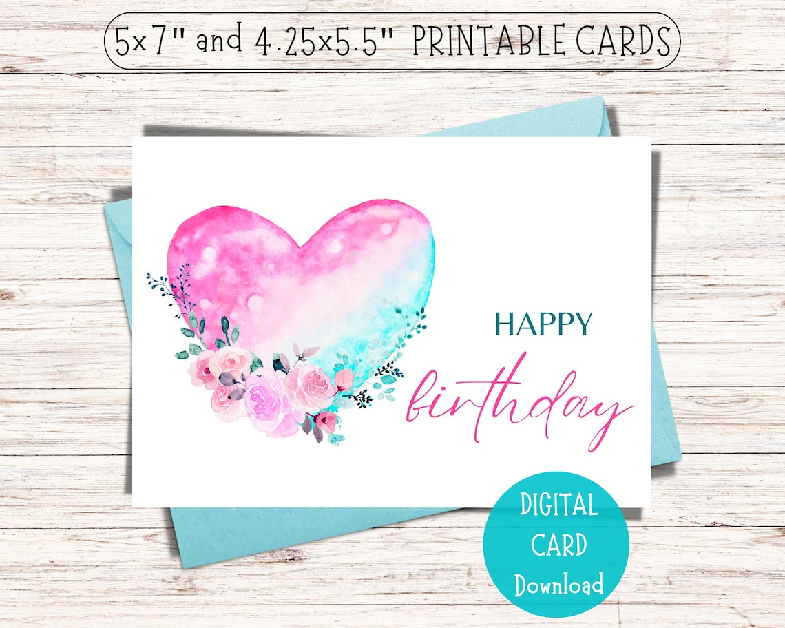 Floral Heart Happy Birthday Card Printable (PDF) - Etsy UK