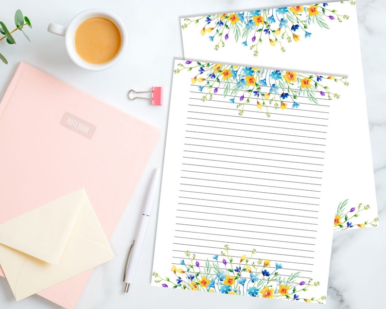 Floral Lined Paper, Floral Unlined Paper, Printable Stationery Field ...
