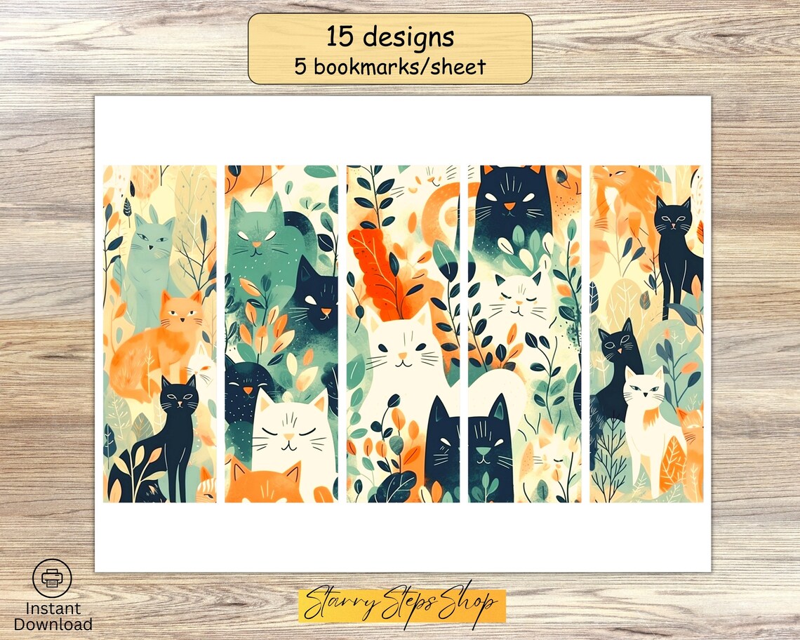 Whimsical Cats Printable Bookmarks, Cats Bookmark Set, Cats Printable ...
