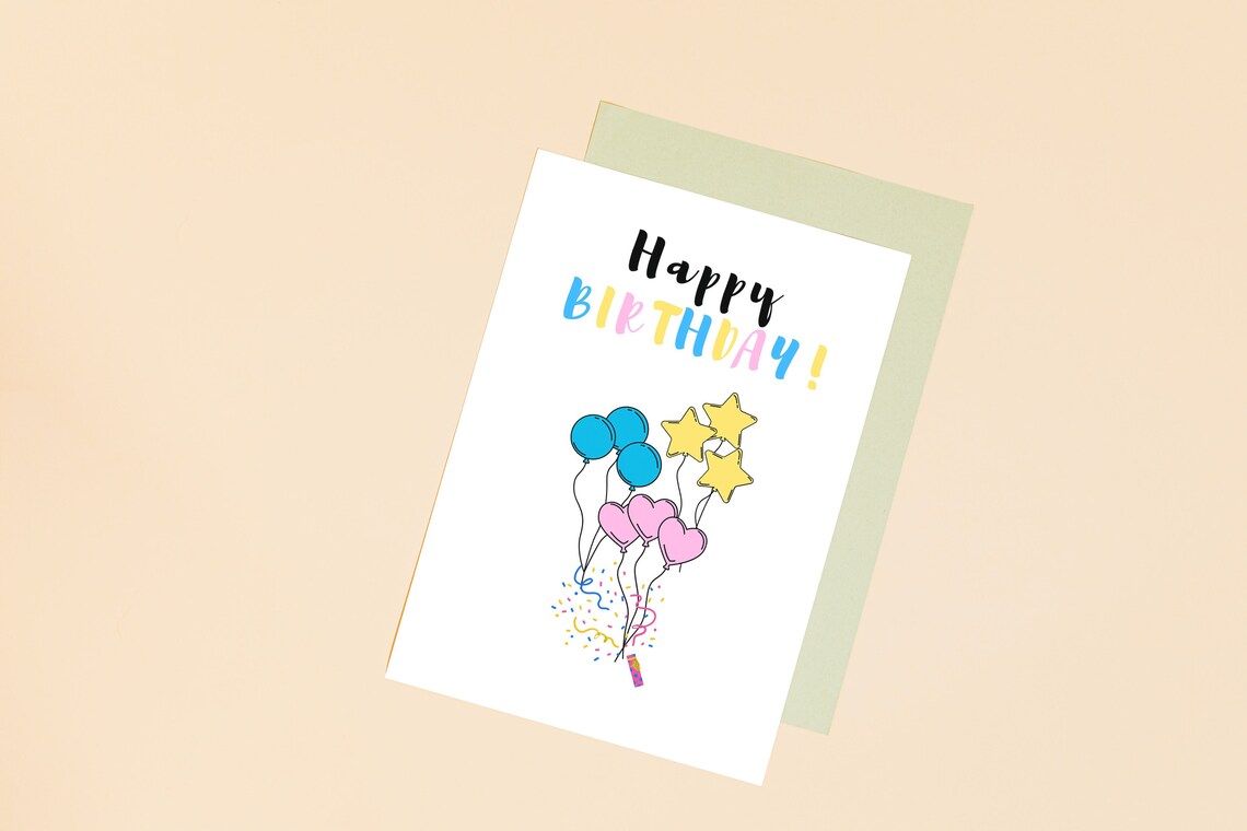 Birthday Card, Printable Balloon Card, Digital Download, 5x7 Happy ...