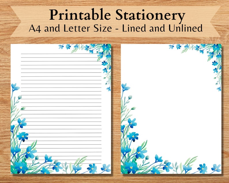 Floral Lined Paper, Floral Blank Paper, Printable Blue Flowers ...
