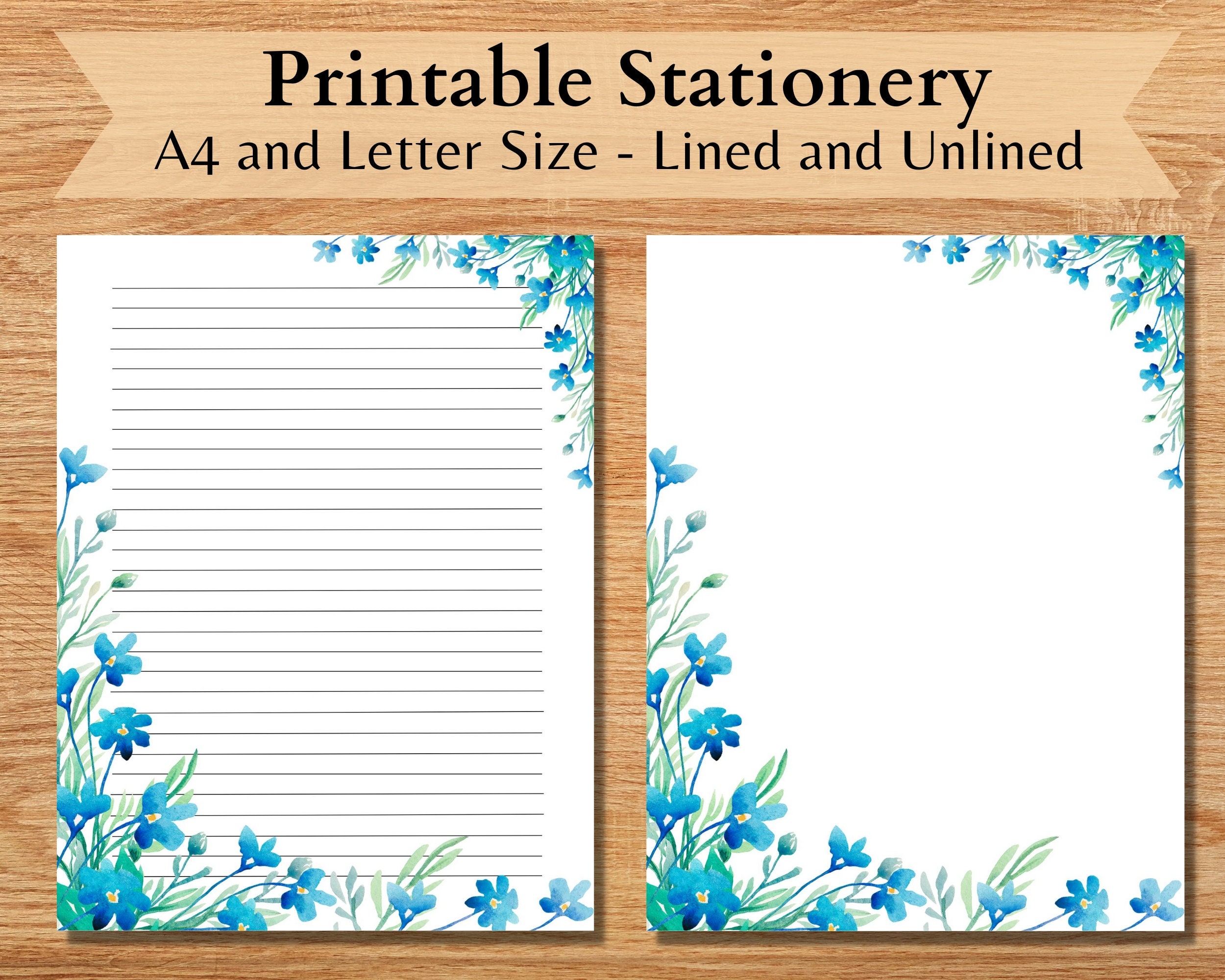 Floral Lined Paper, Floral Blank Paper, Printable Blue Flowers ...