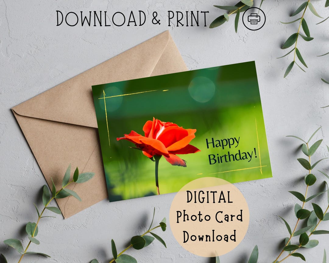 Printable Happy Birthday Rose Photo Card, Bright Red Rose Happy ...