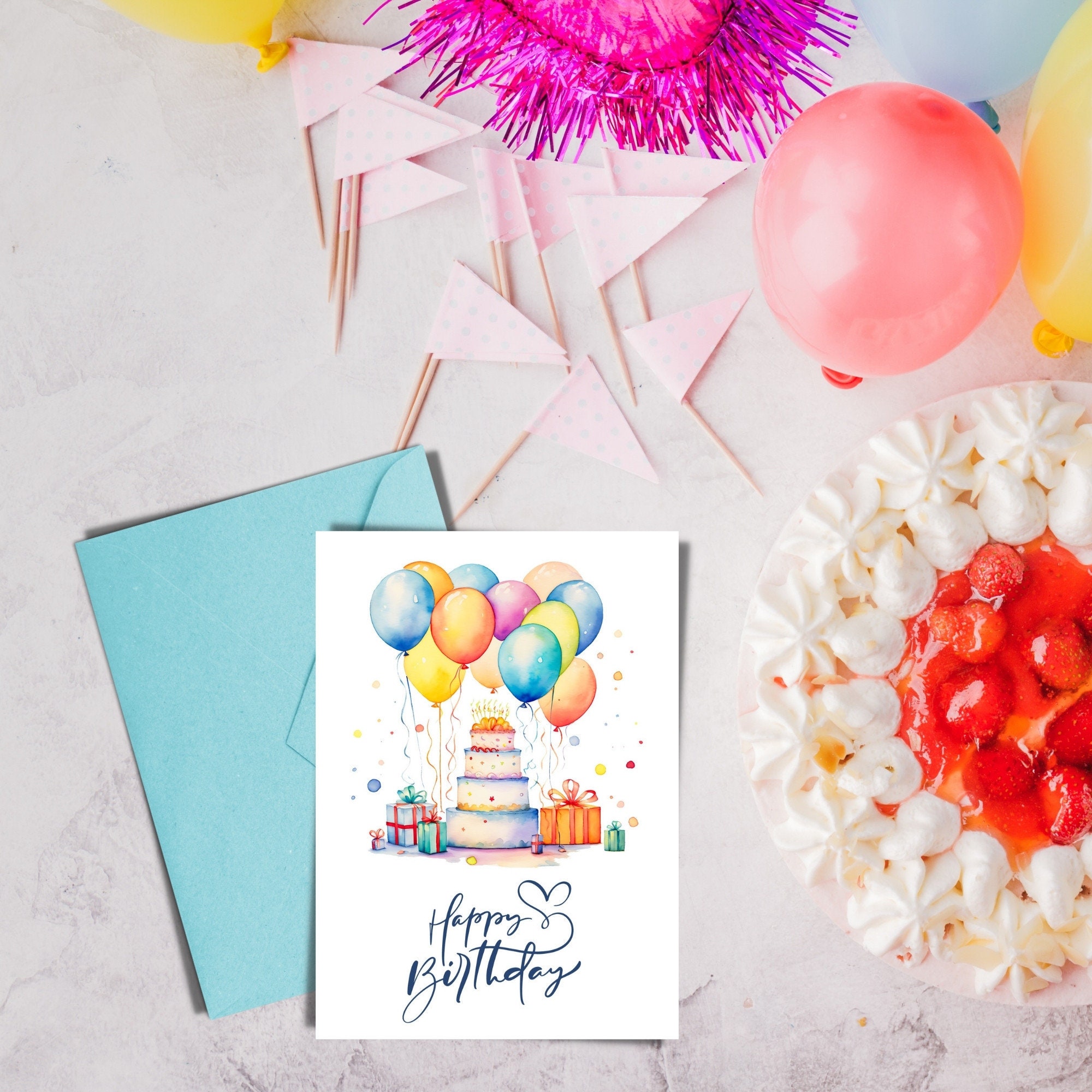 Printable Birthday Card: Cake & Balloons (digital Download) - Etsy