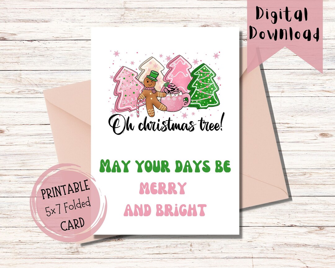Printable Christmas Card, Merry and Bright Card, Pink and Green ...