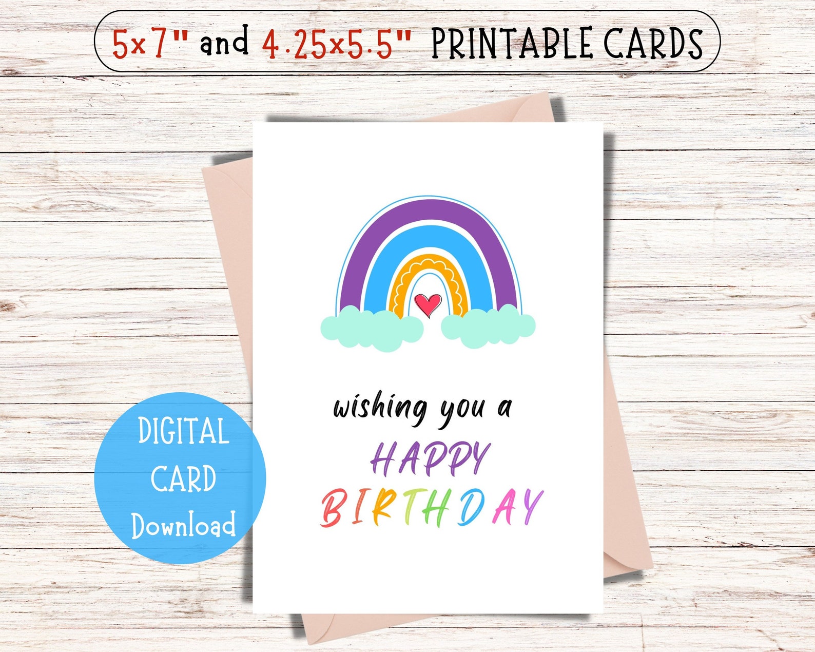 Rainbow Birthday Card: Printable PDF With Heart (digital Download) - Etsy