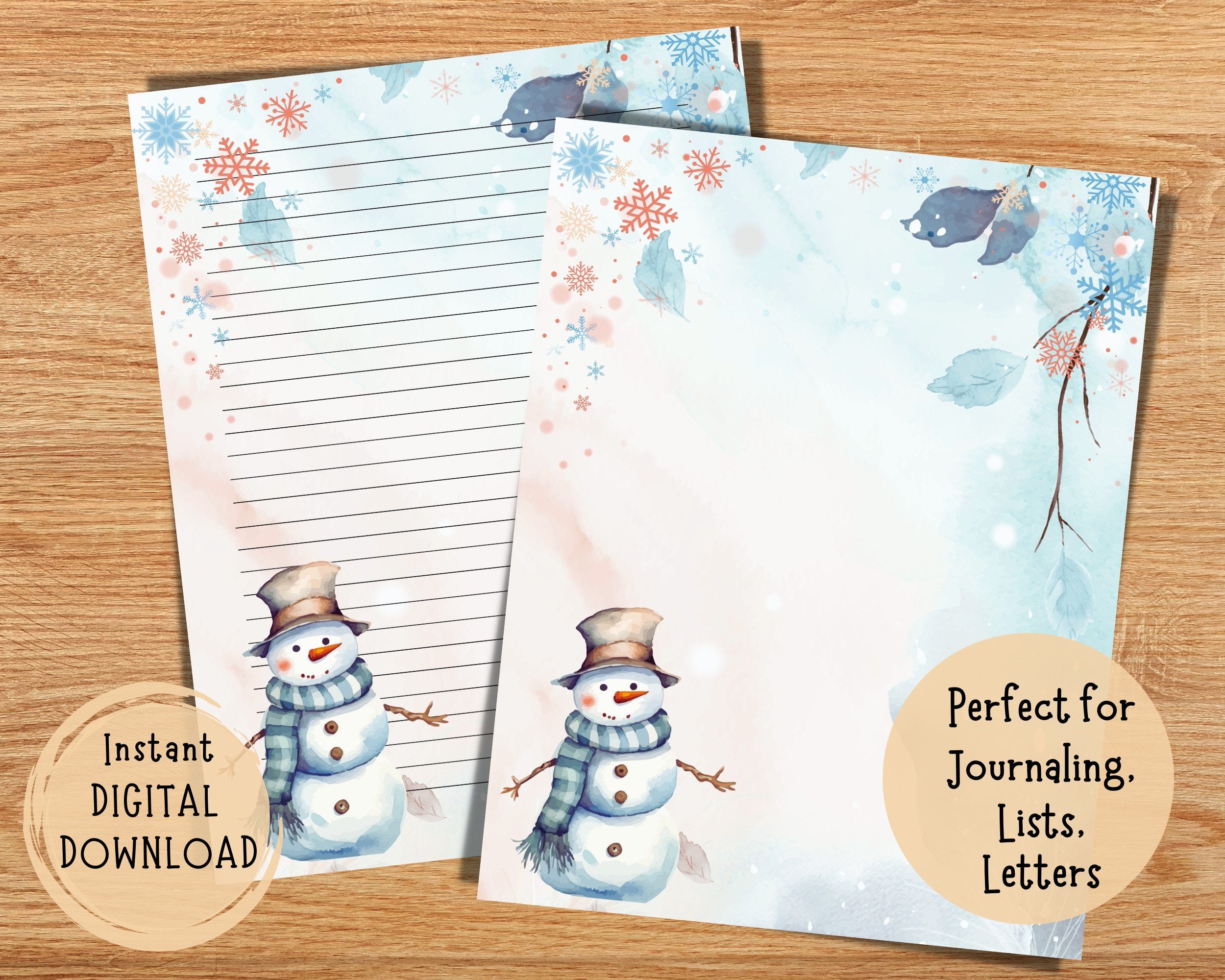 Lined and Unlined Printable Winter Paper Set, Snowman Printable ...