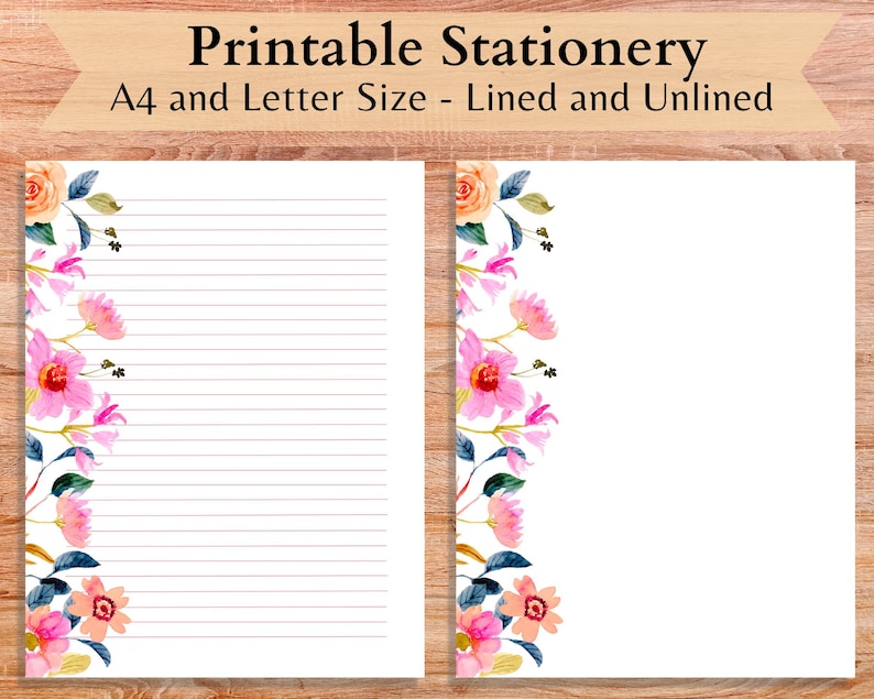 Floral Lined Paper, Floral Blank Paper, Printable Pink Flowers ...