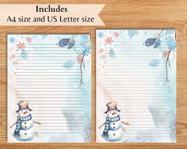 Lined and Unlined Printable Winter Paper Set, Snowman Printable ...
