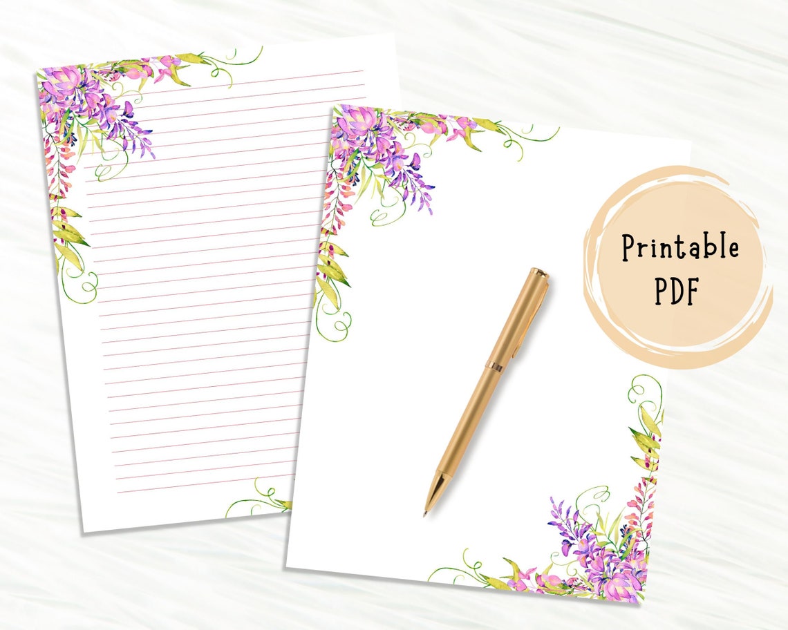 Floral Lined Paper, Floral Blank Paper, Printable Wisteria Stationery ...