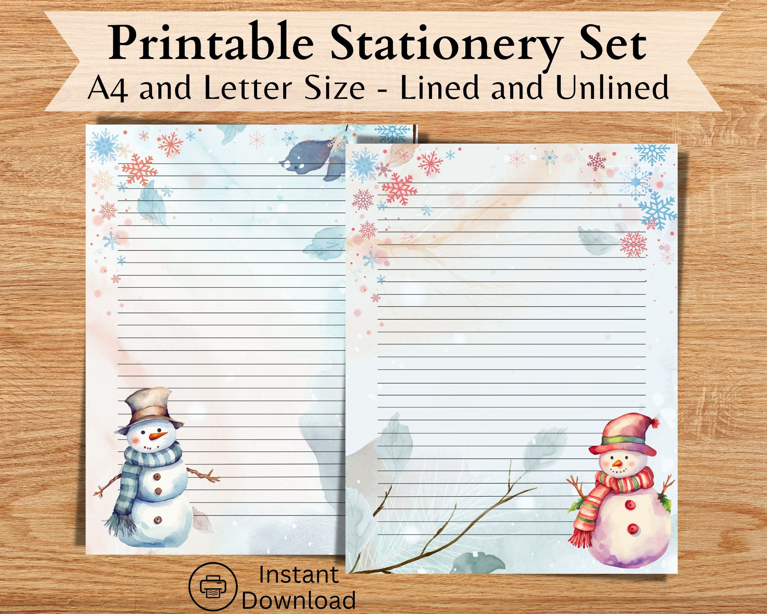 Lined and Unlined Printable Winter Paper Set, Snowman Printable ...