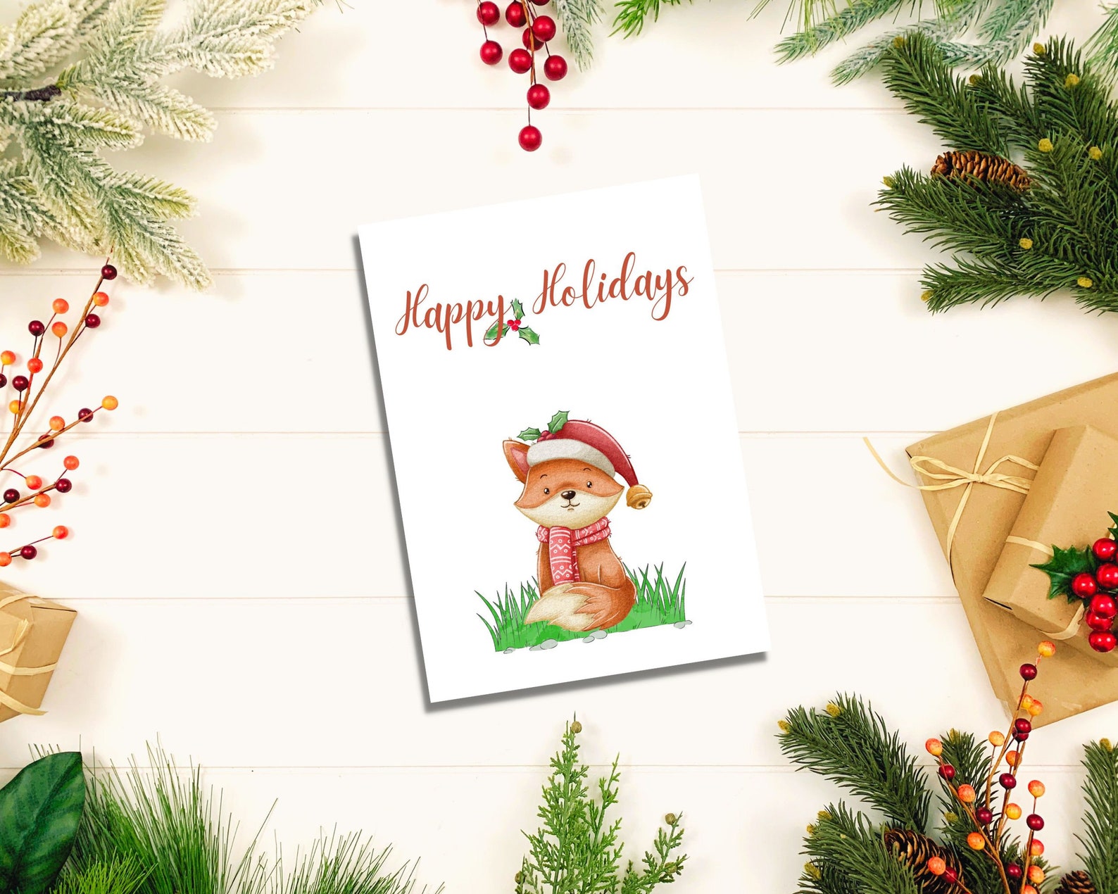 Fox Christmas Card | Watercolor Animal Art (digital Download) - Etsy