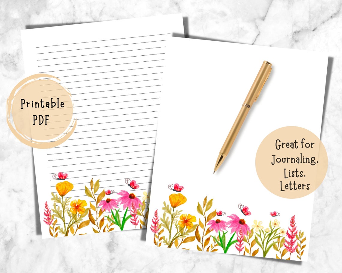 Floral Lined Paper, Floral Blank Paper, Digital Download Writing Paper ...