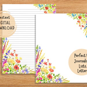 Floral Lined Paper, Floral Blank Paper, Printable Field Flowers ...