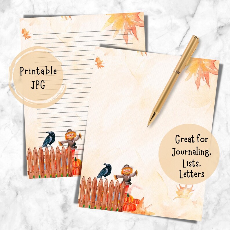 Autumn Printable Stationery, Pumpkin Scarecrow Stationery, Digital ...