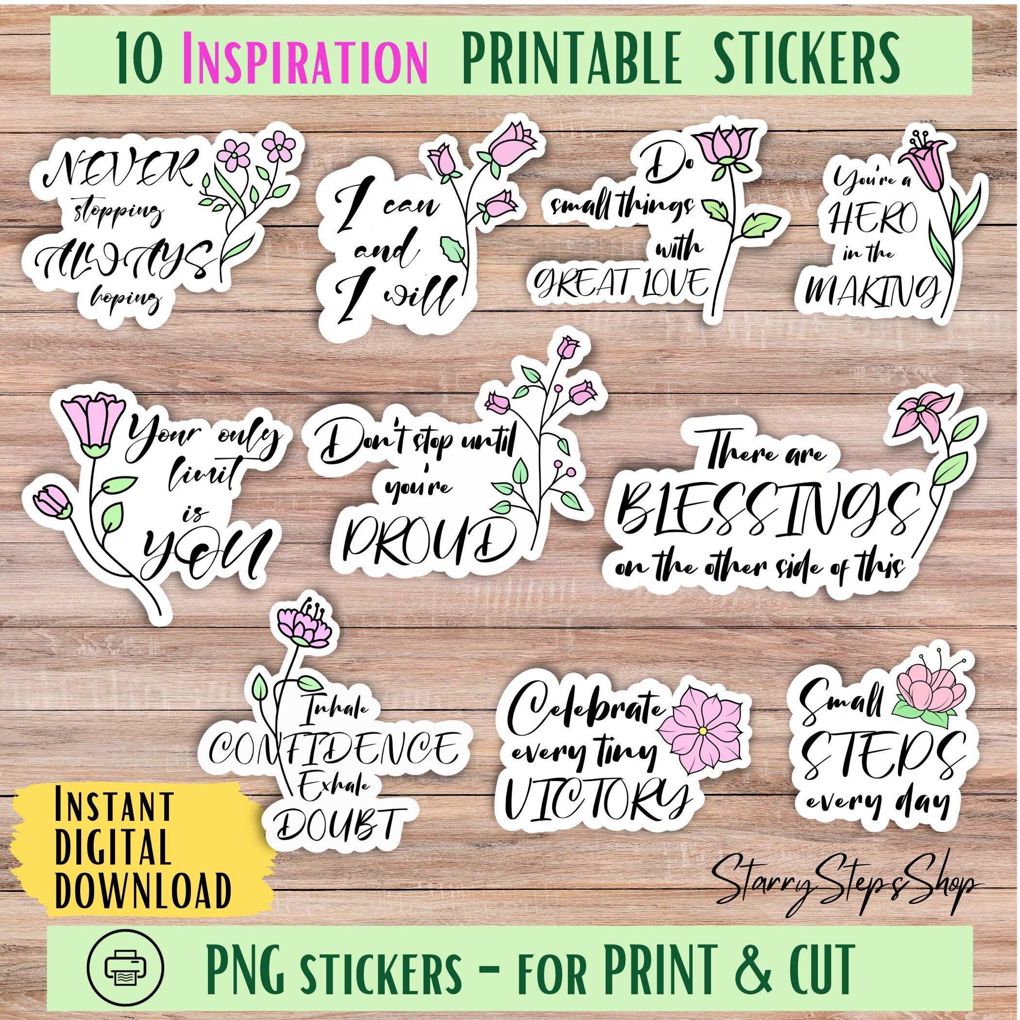 Printable Motivational Sticker Bundle, Digital PNG Stickers, Print and ...