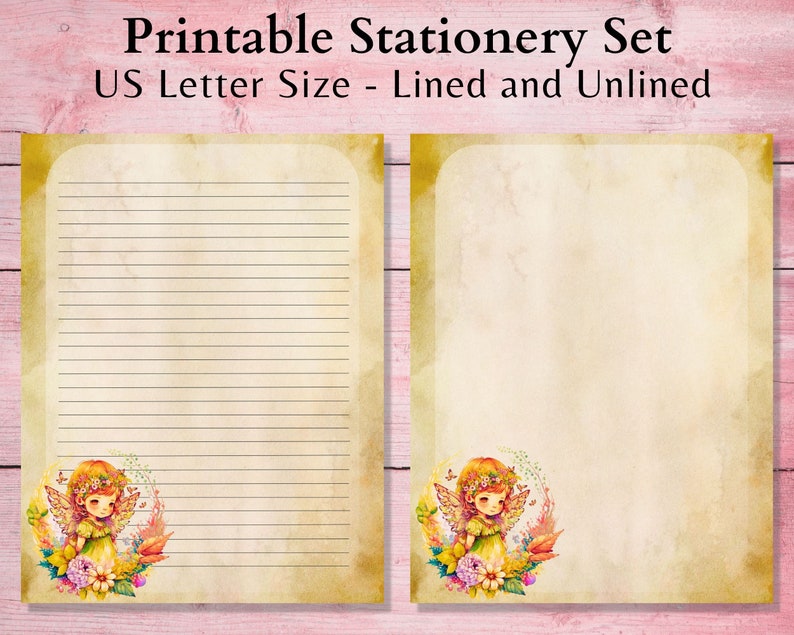 Printable Cute Fairy Stationery Set, Lined Printable Paper, Blank Paper ...