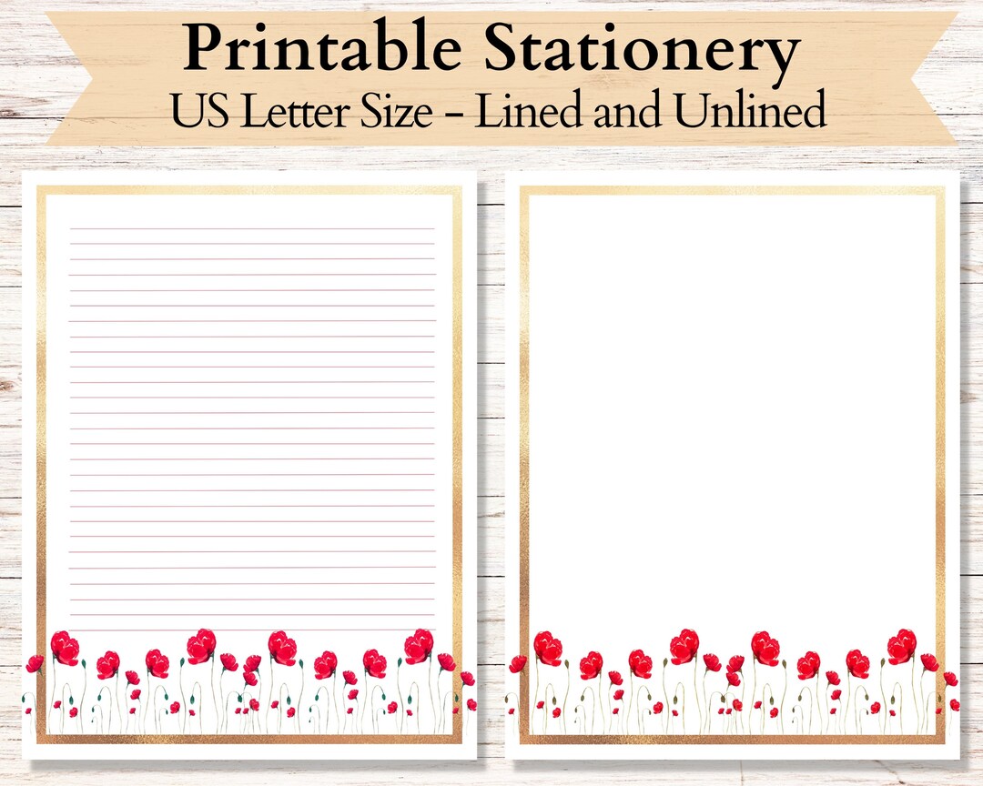Red Poppies Printable Stationery, Lined Printable Paper, Blank Paper ...