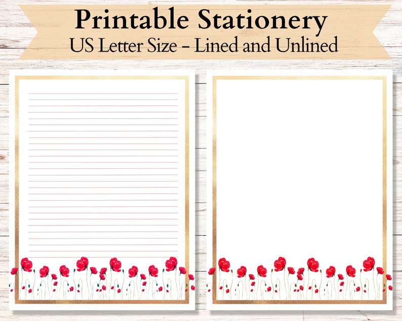 Red Poppies Printable Stationery, Lined Printable Paper, Blank Paper ...
